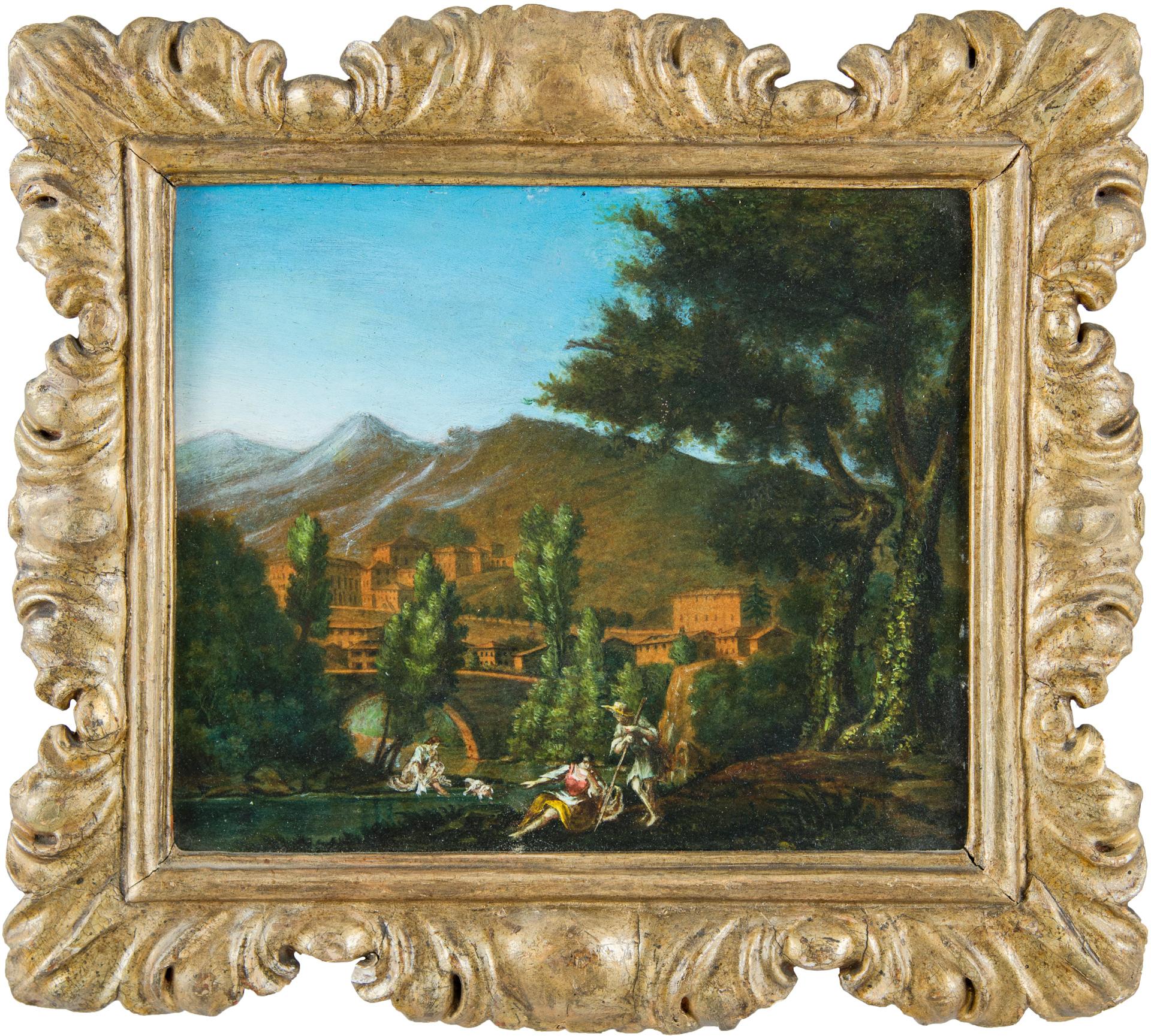Unknown - 18th century Roman figure painting - Landscape - Oil on paper ...