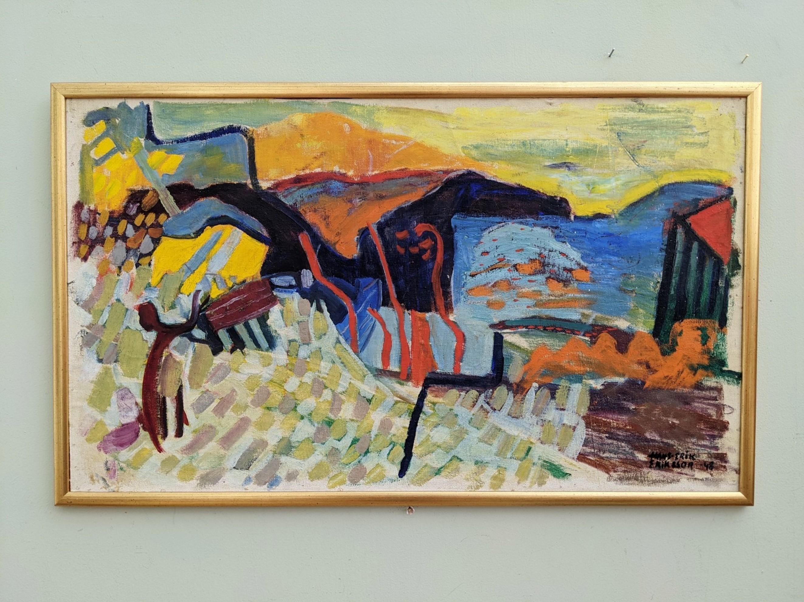 Unknown - 1948 Vintage Modernist Swedish Abstract Framed Oil Painting ...