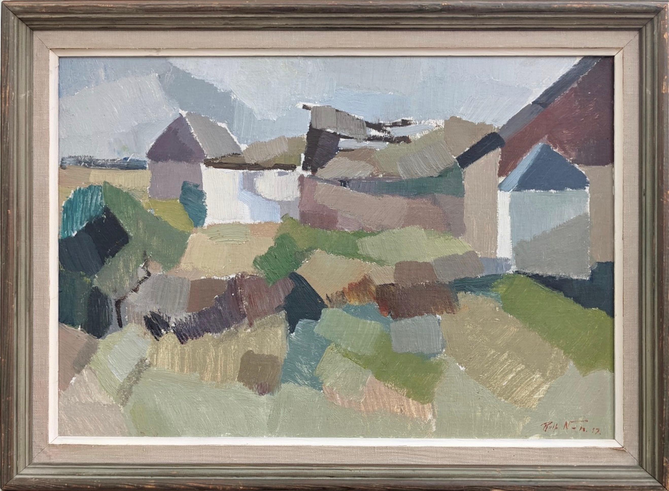 Unknown - 1957 Vintage Swedish Framed Cubist Landscape Oil Painting ...