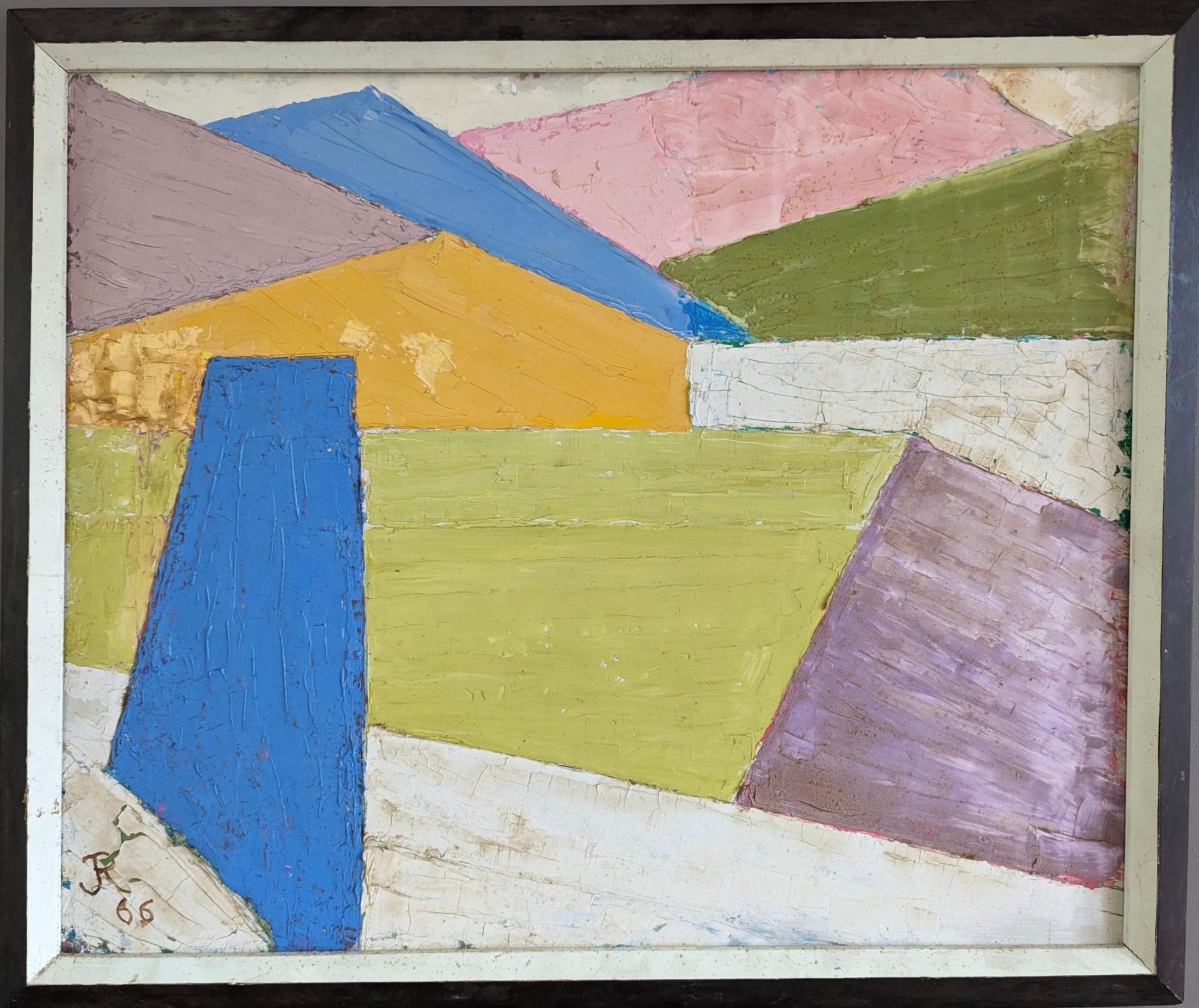 Unknown - 1966 Vintage Mid-Century Geometric Abstract Oil Painting ...
