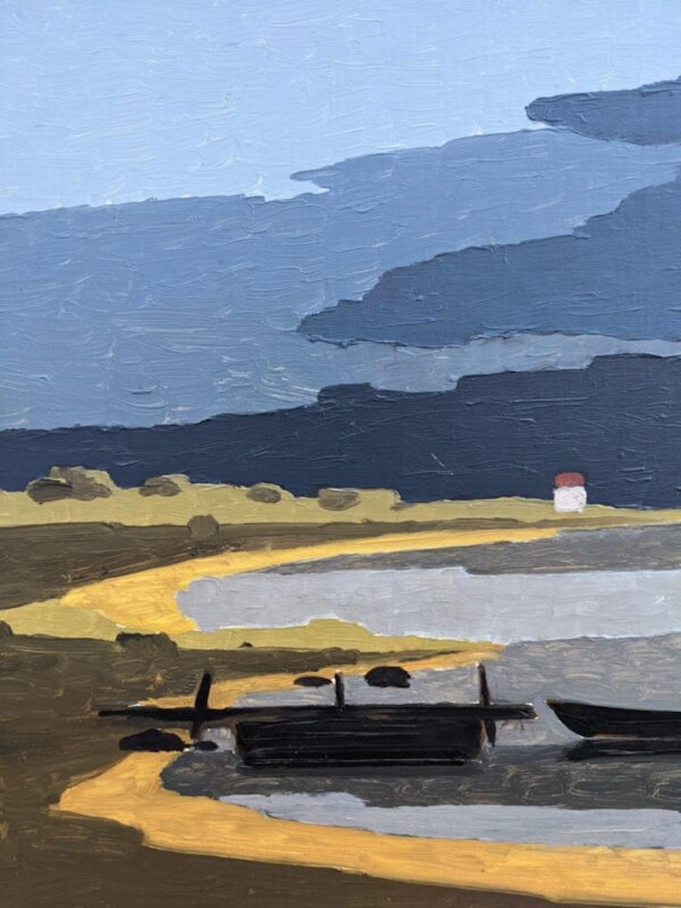 Unknown - 1970 Vintage Modern Swedish "Lake Land" Vintage Oil Painting ...