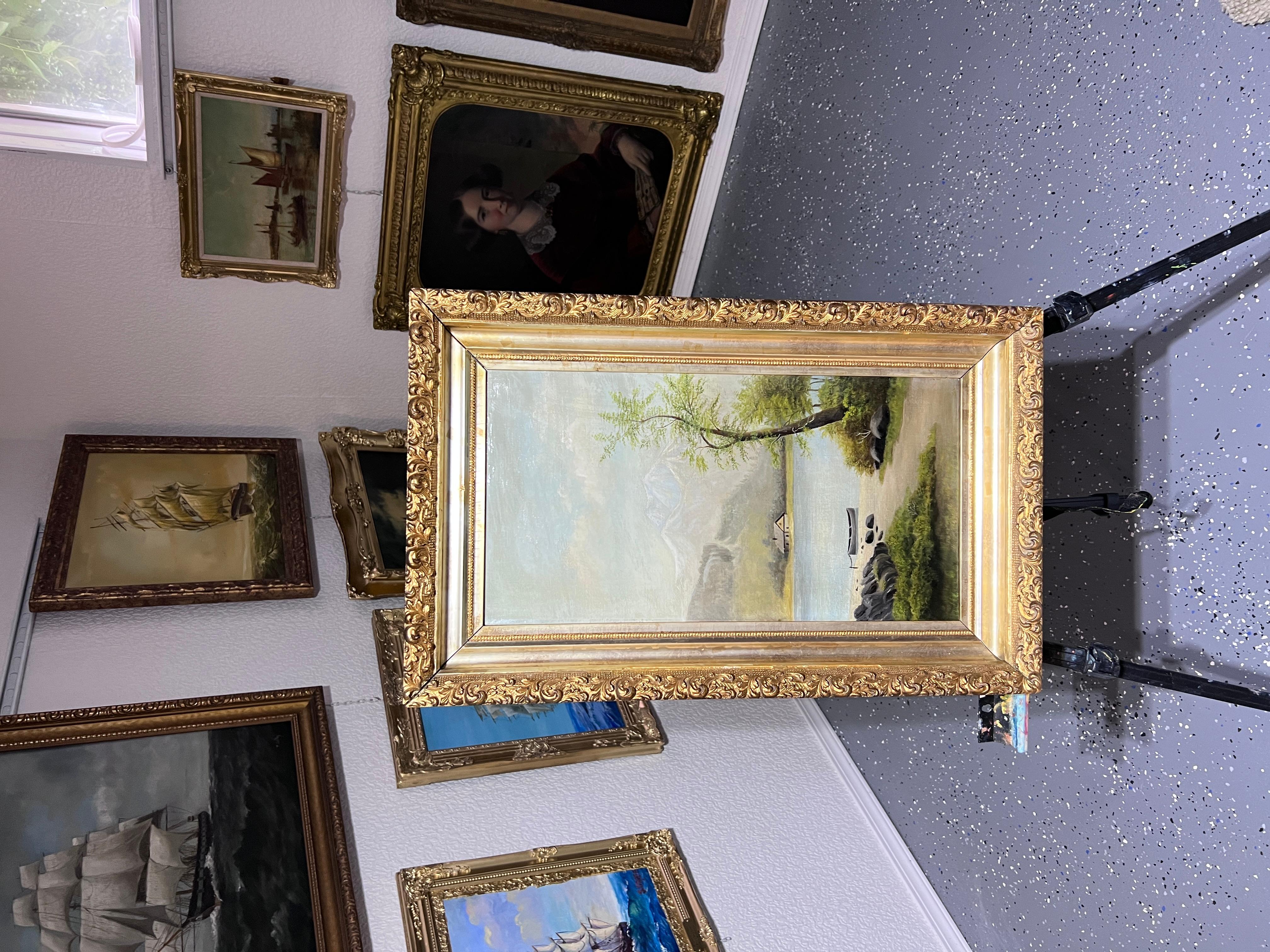 Unknown - Antique 19th century oil painting on canvas, Landscape, Gold ...