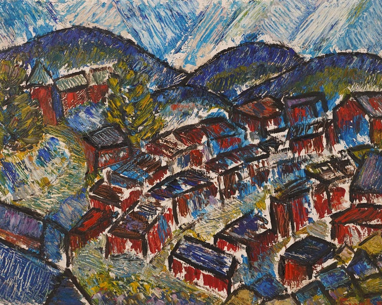 Unknown - Antique Amazing European Expressionist Framed Village Signed ...