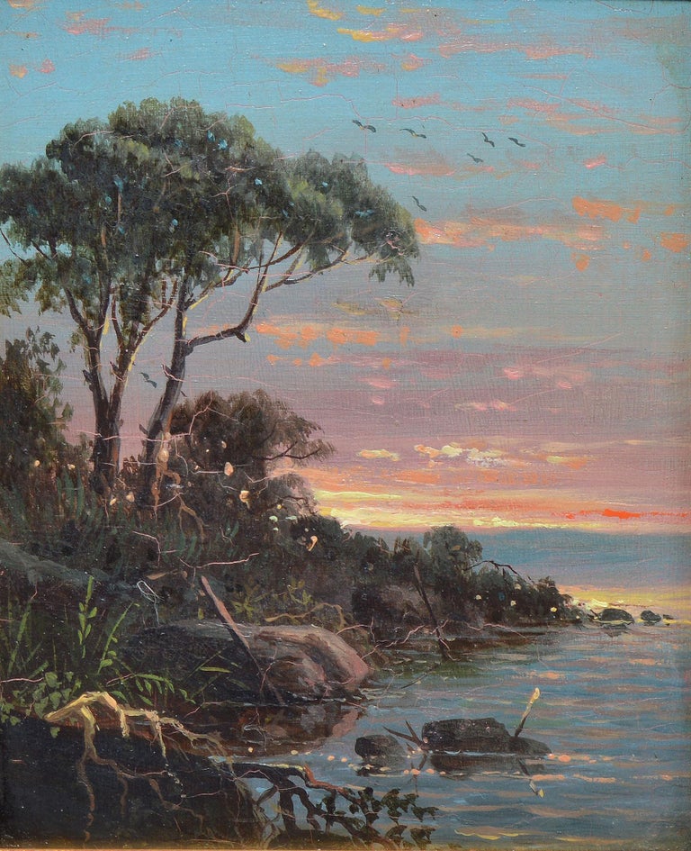 Unknown - Antique American Hudson River School Sunset Landscape by ...
