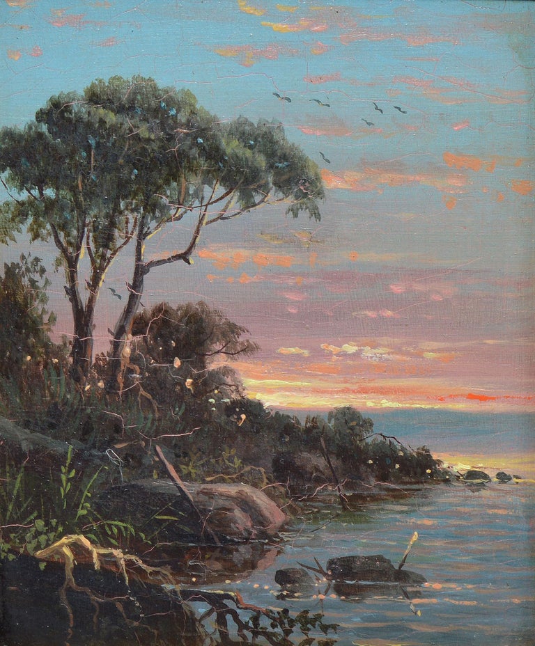 Unknown - Antique American Hudson River School Sunset Landscape by ...