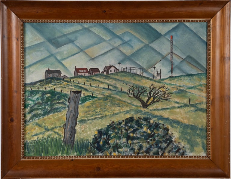 Unknown - Antique American School Cubist Modern Farm Landscape Framed ...