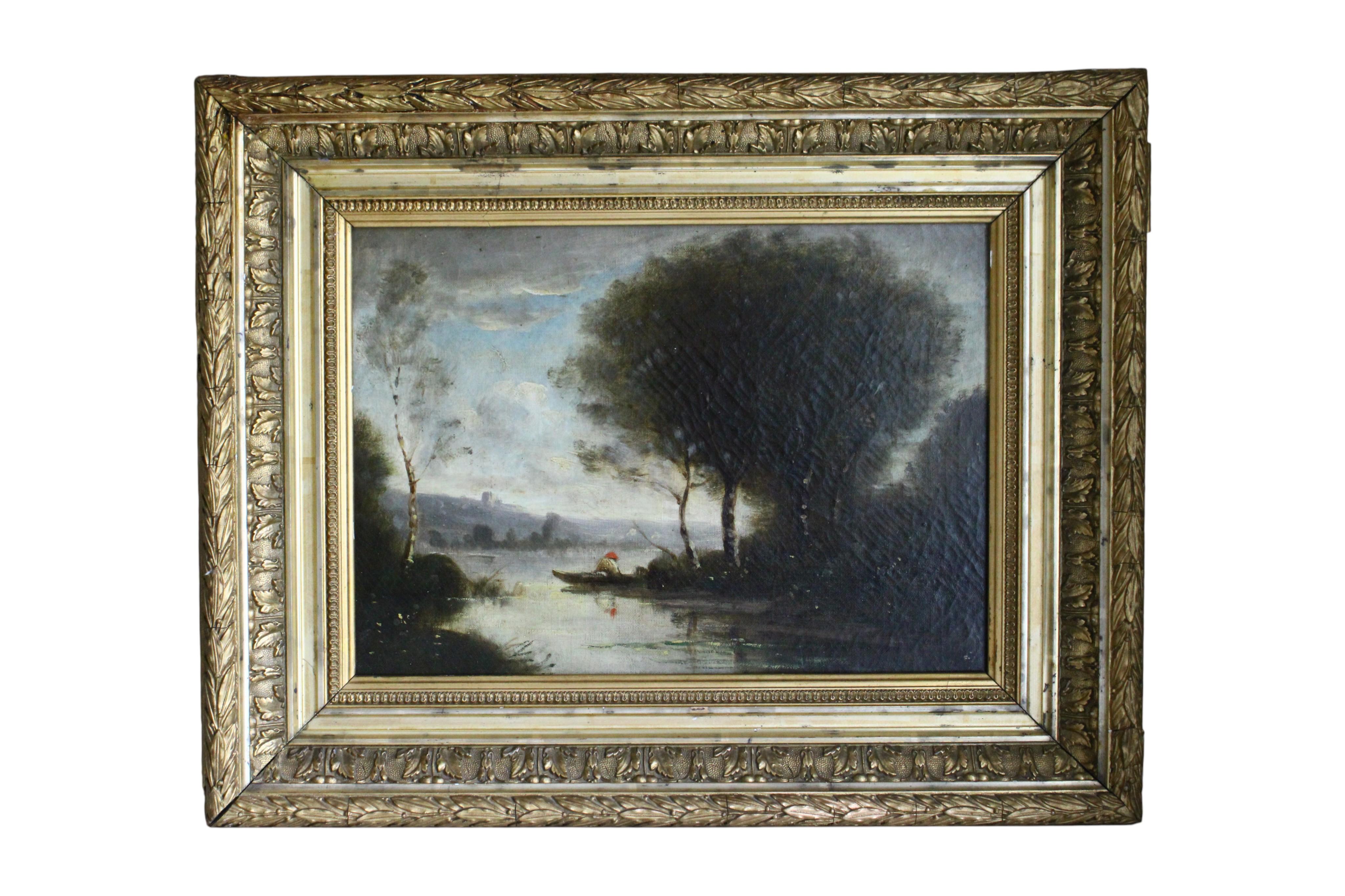 Unknown - Antique French Barbizon Oil Painting, 19th Century Riversaide ...