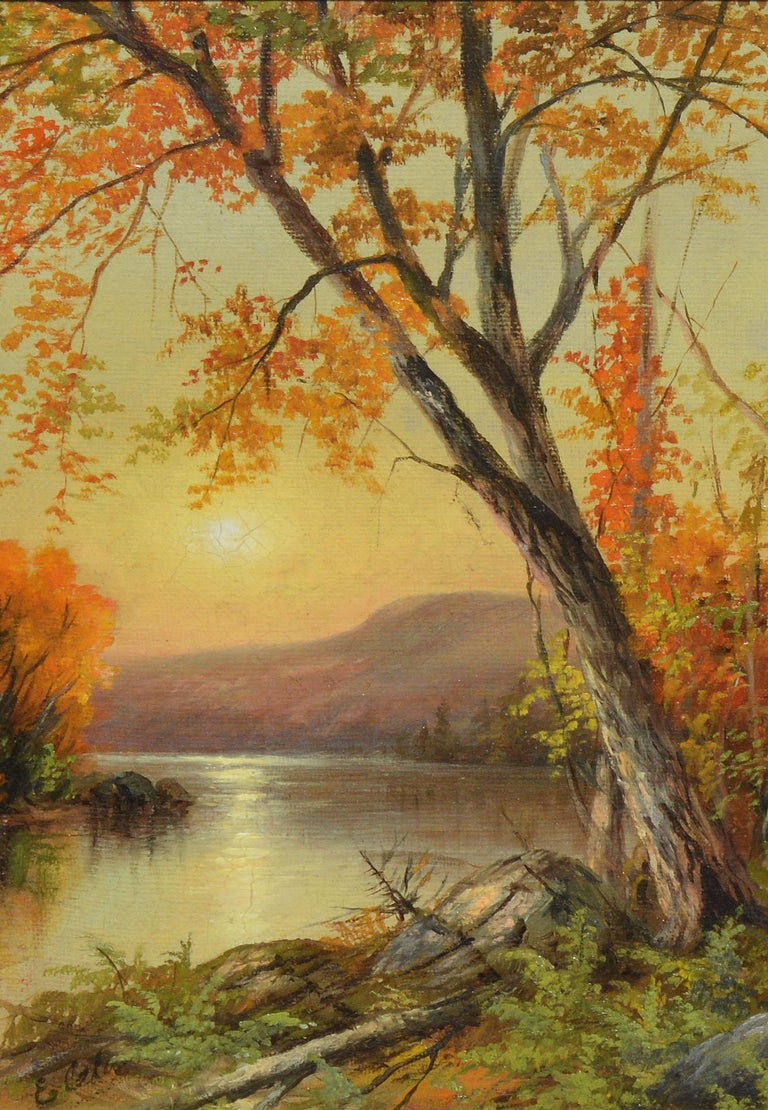 Unknown - Antique Luminous Hudson River School Sunset Landscape Oil ...
