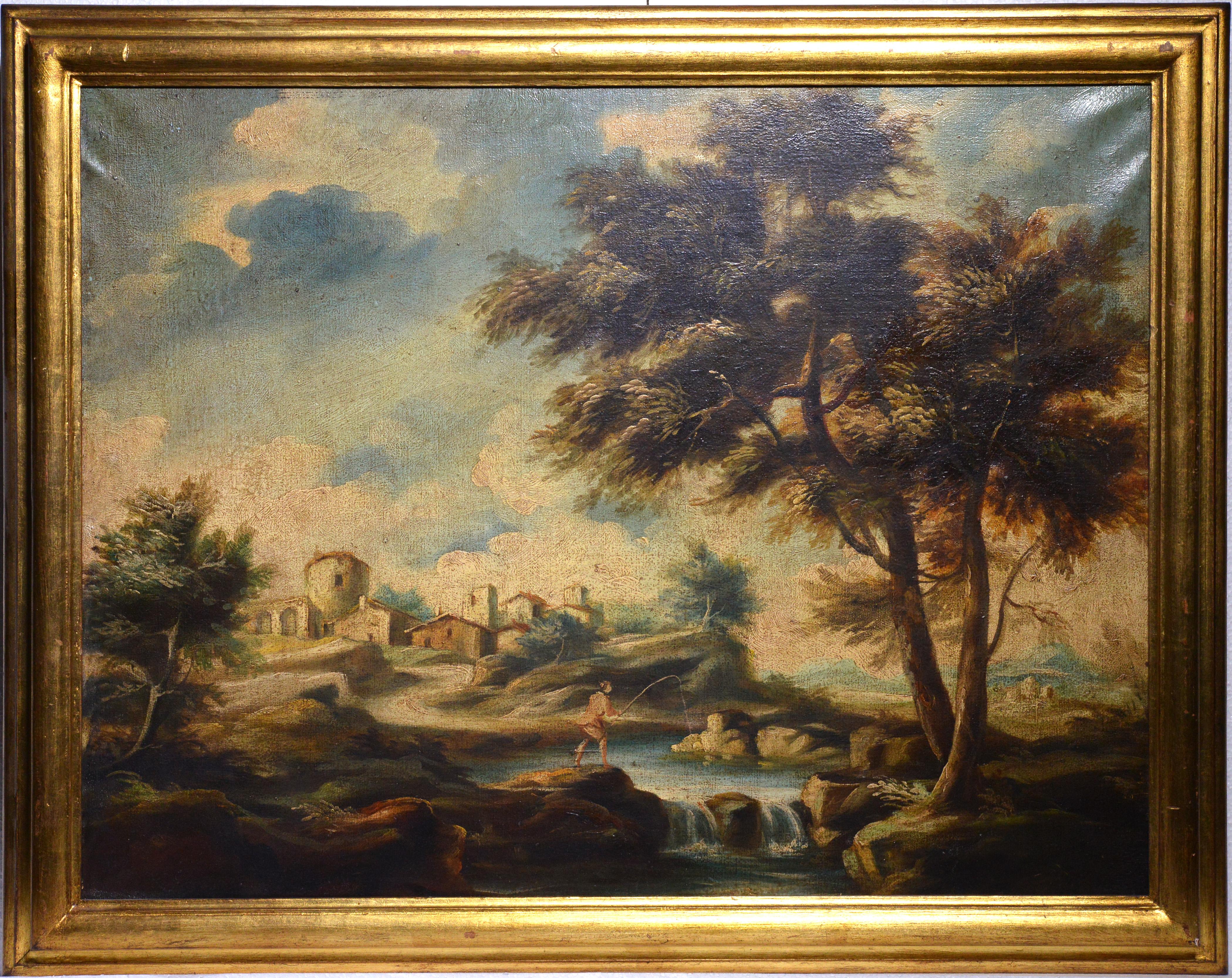 Unknown - Baroque Capriccio landscape River fishing scene Antique oil ...