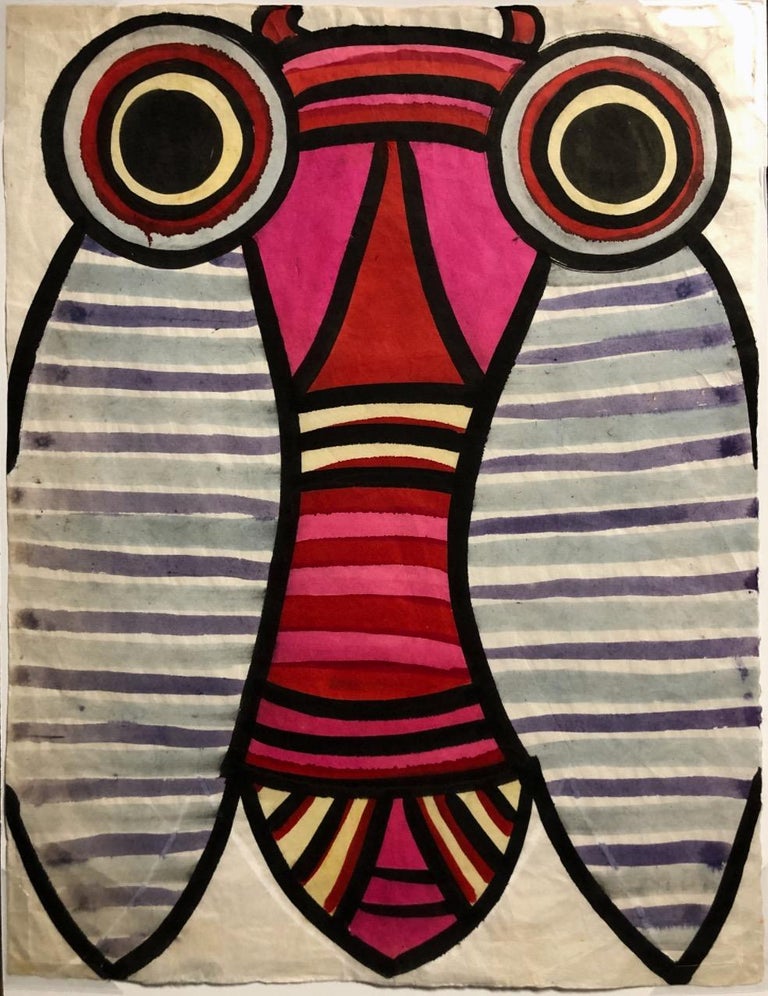 Unknown - "Big Eyed Bug II" Whimsical 1970s Gouache Bug Painting For ...