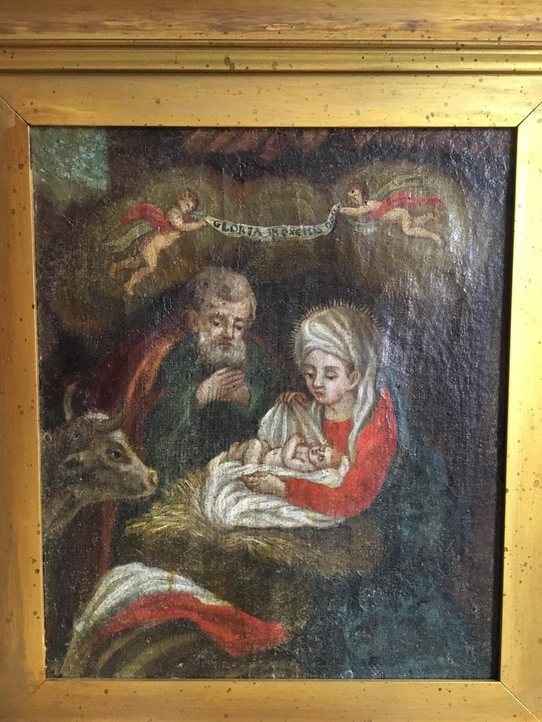Unknown - Birth of Christ, Religious Triptych Antique Oil Painting at 1stDibs