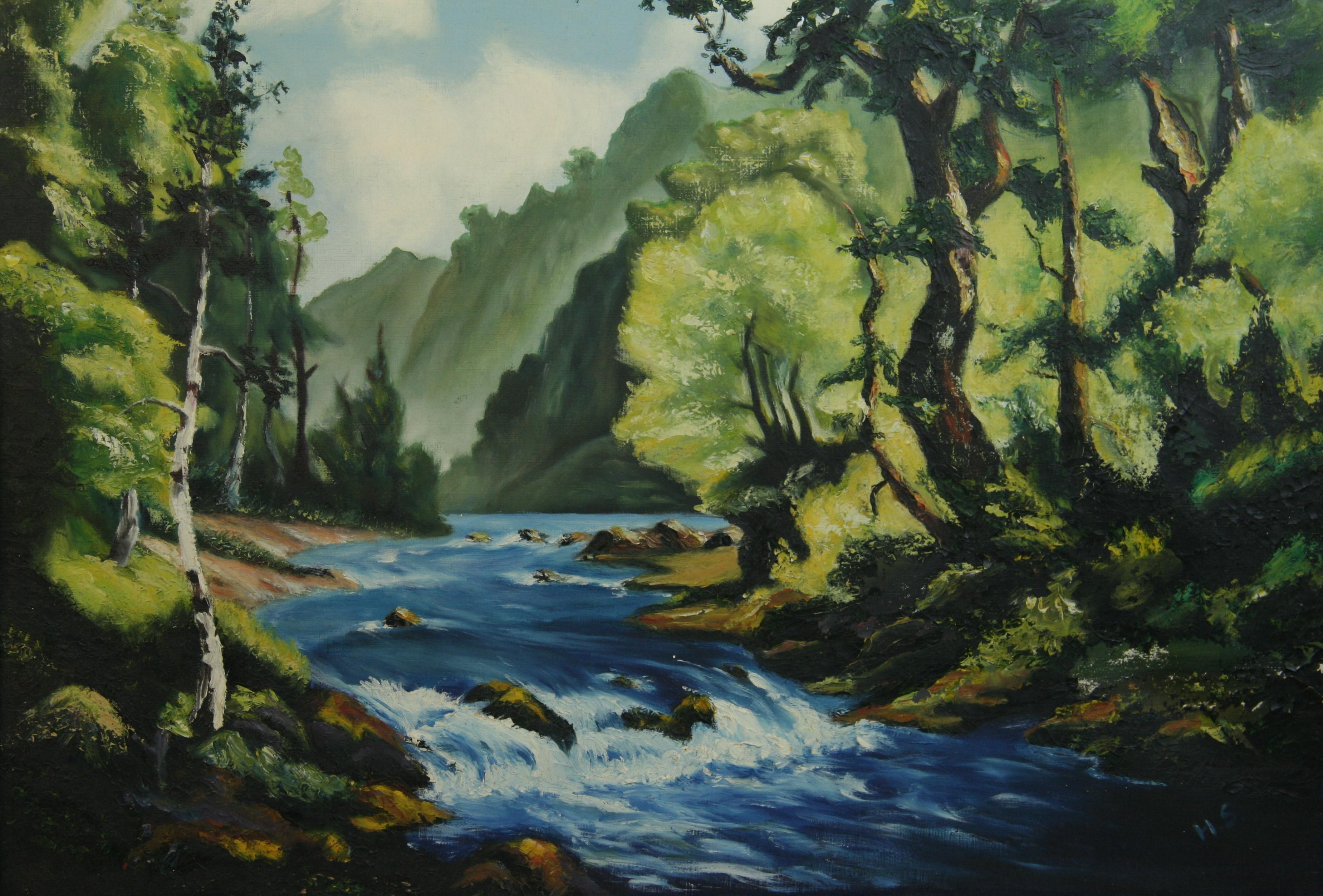 Unknown - Antique Impressionist Scandinavian Rivers Edge Landscape Oil ...