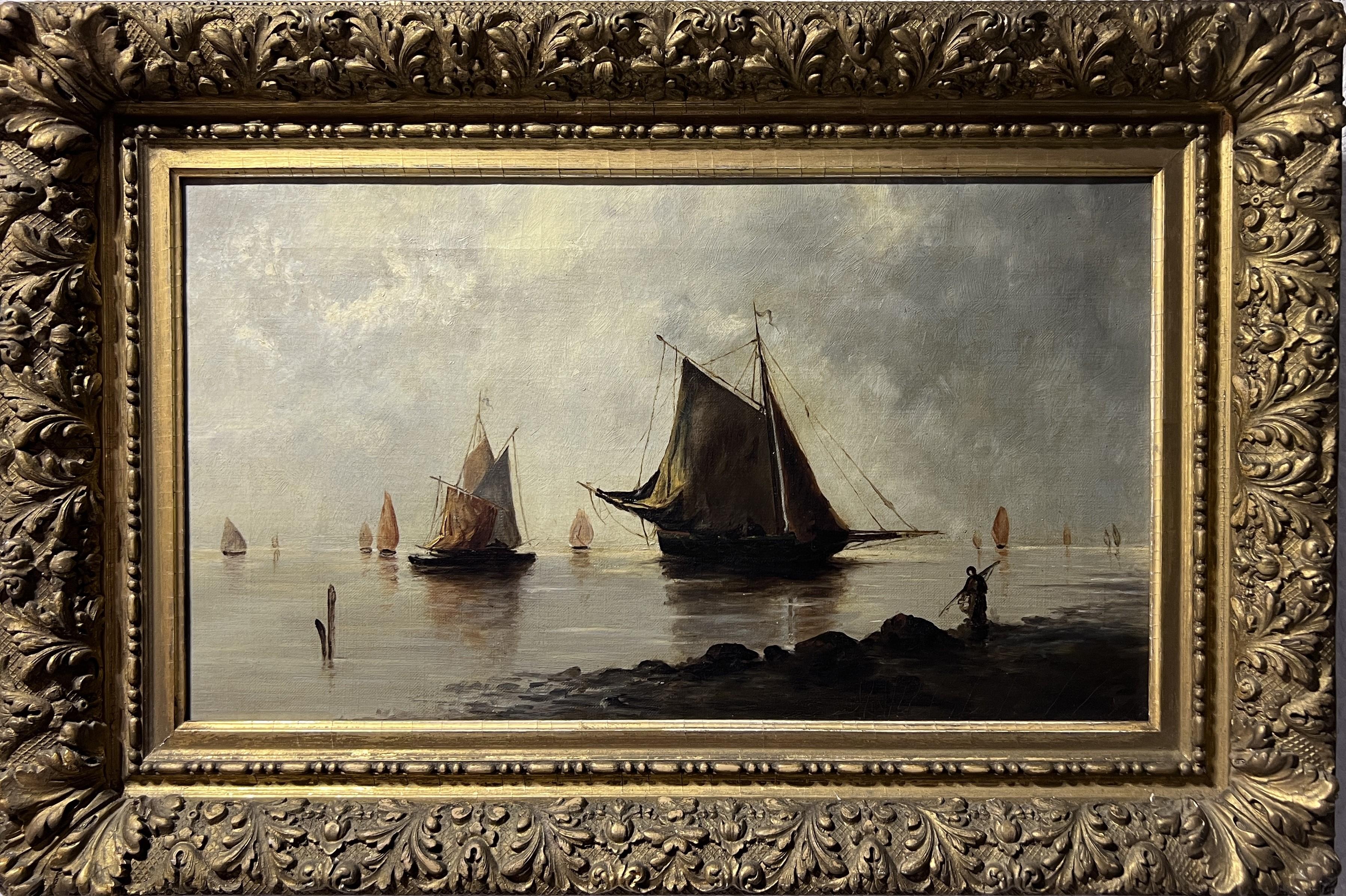 Unknown - Dutch Antique oil painting on canvas, Seascape, Harbor view ...