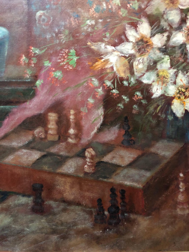 Unknown - Floral Still Life with Chess Game, Large Hungarian Oil ...