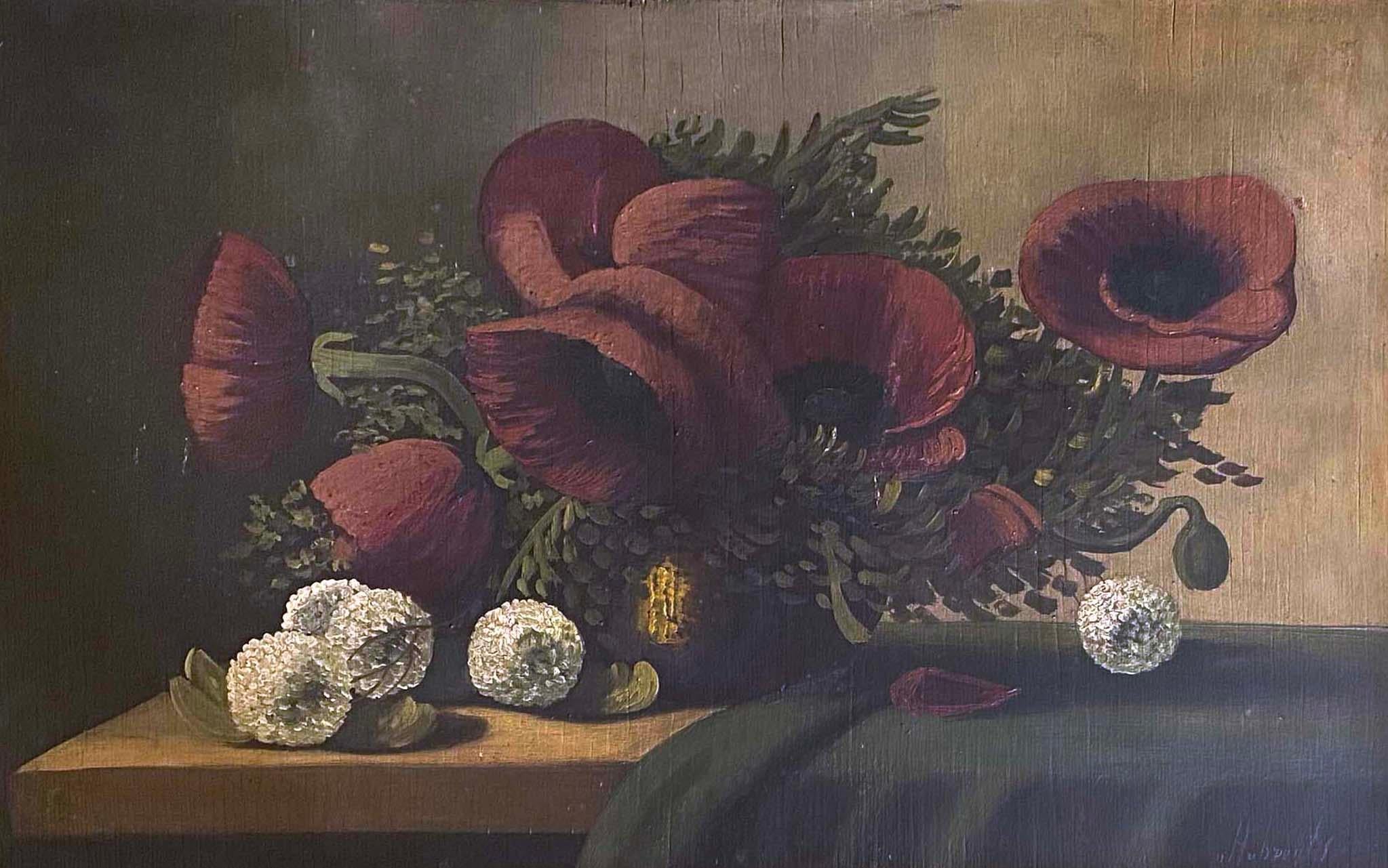 Unknown - Framed Antique American Still Life Oil Painting of Flowers ...
