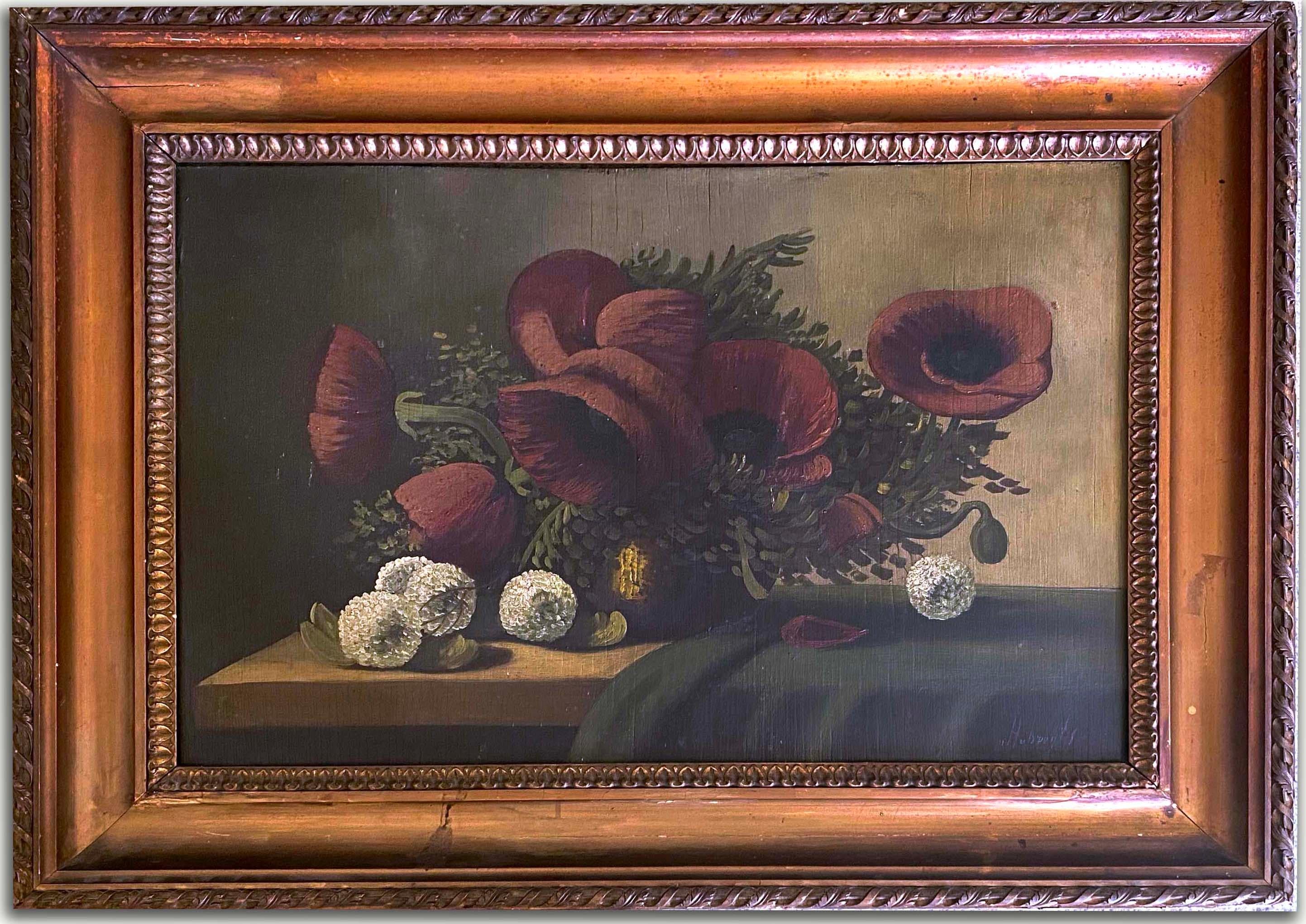 Unknown - Framed Antique American Still Life Oil Painting of Flowers ...