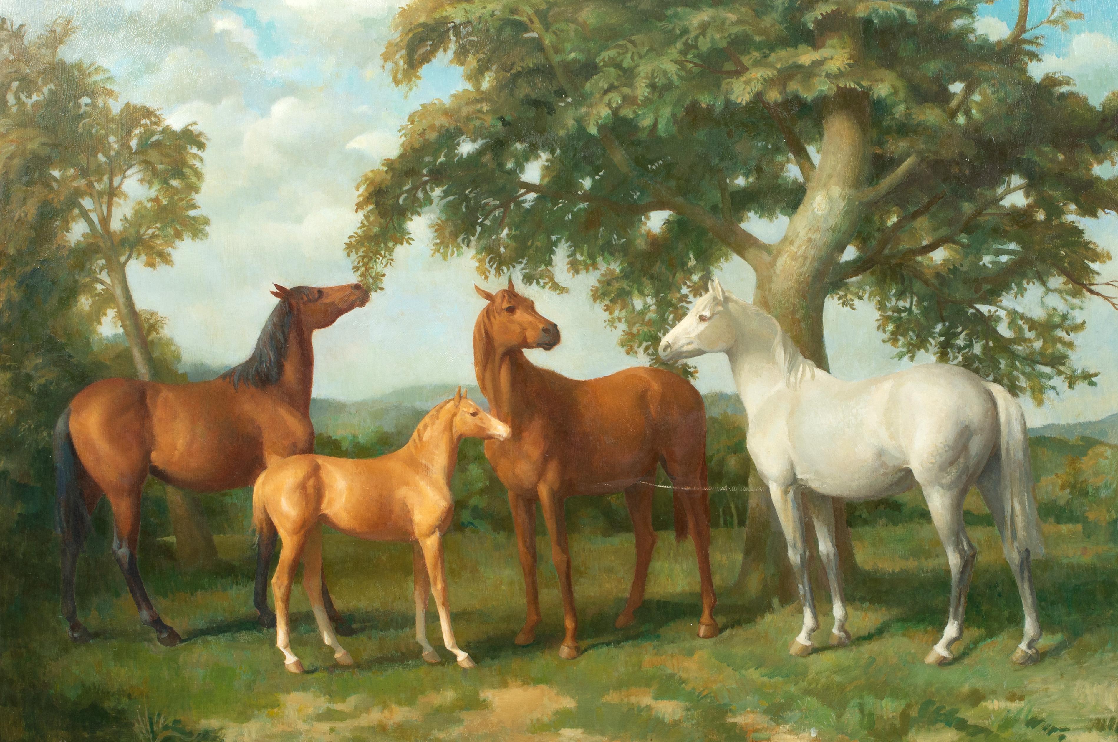 Unknown - Horses By An Oak Tree, early 20th Century For Sale at 1stDibs