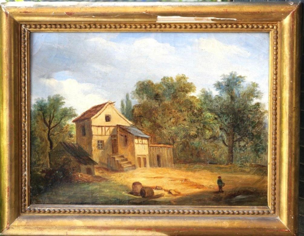 Unknown - House in the countryside of France, original antique oil on ...