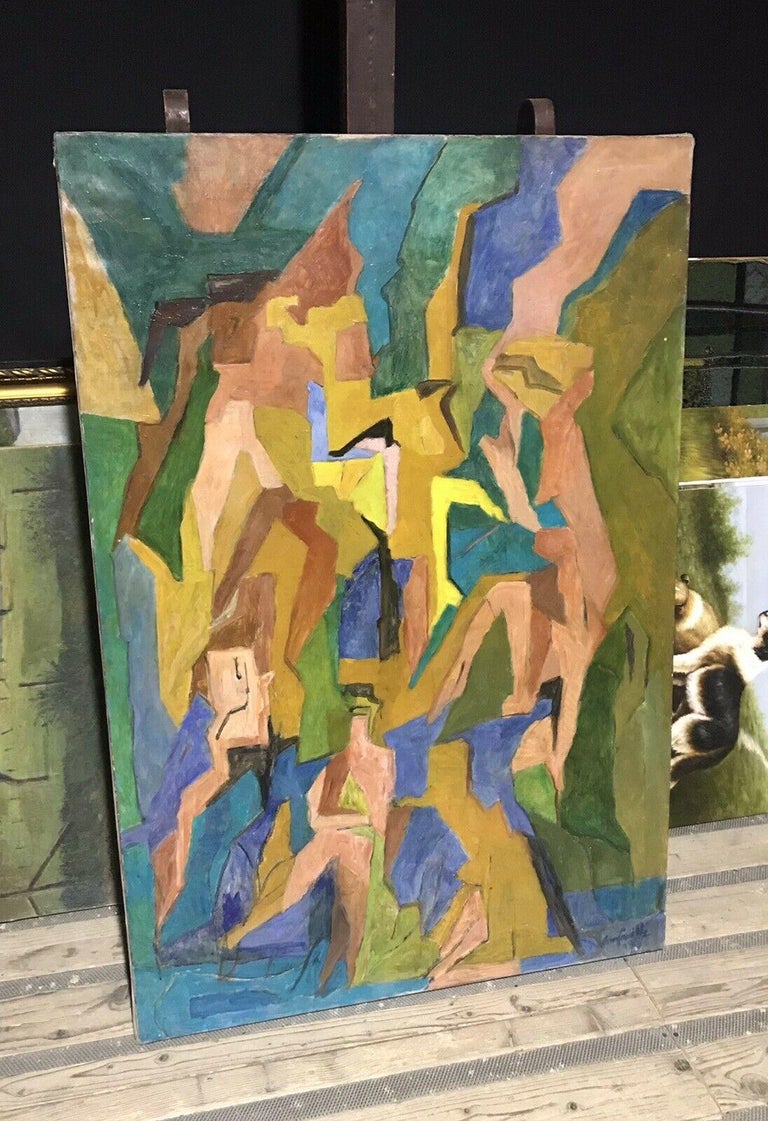 Unknown - HUGE 1960'S FRENCH CUBIST OIL PAINTING - PASTEL SHADES OF ...
