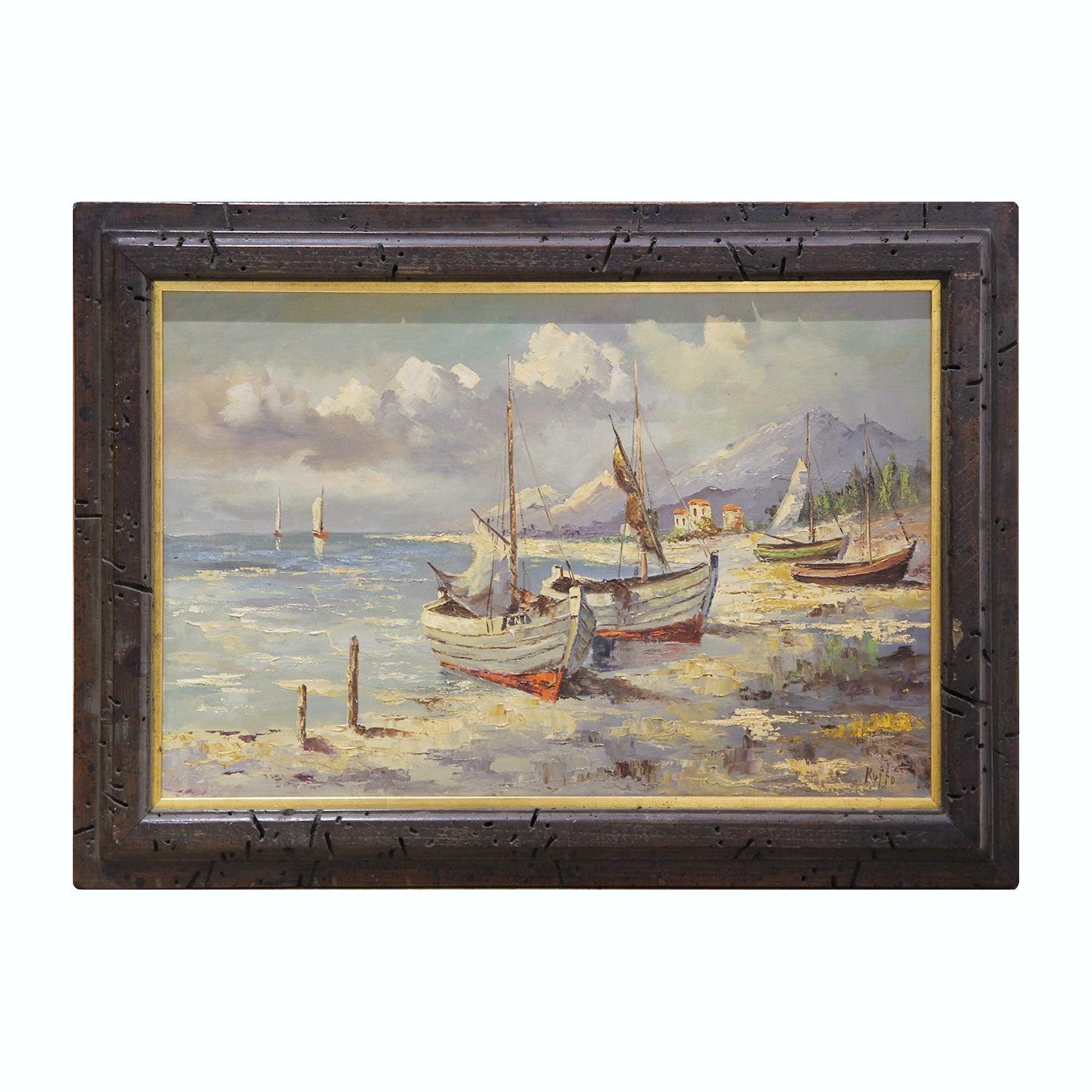 Unknown - Impressionist Style Harbor Beach Scene Signed By Ruffo at ...