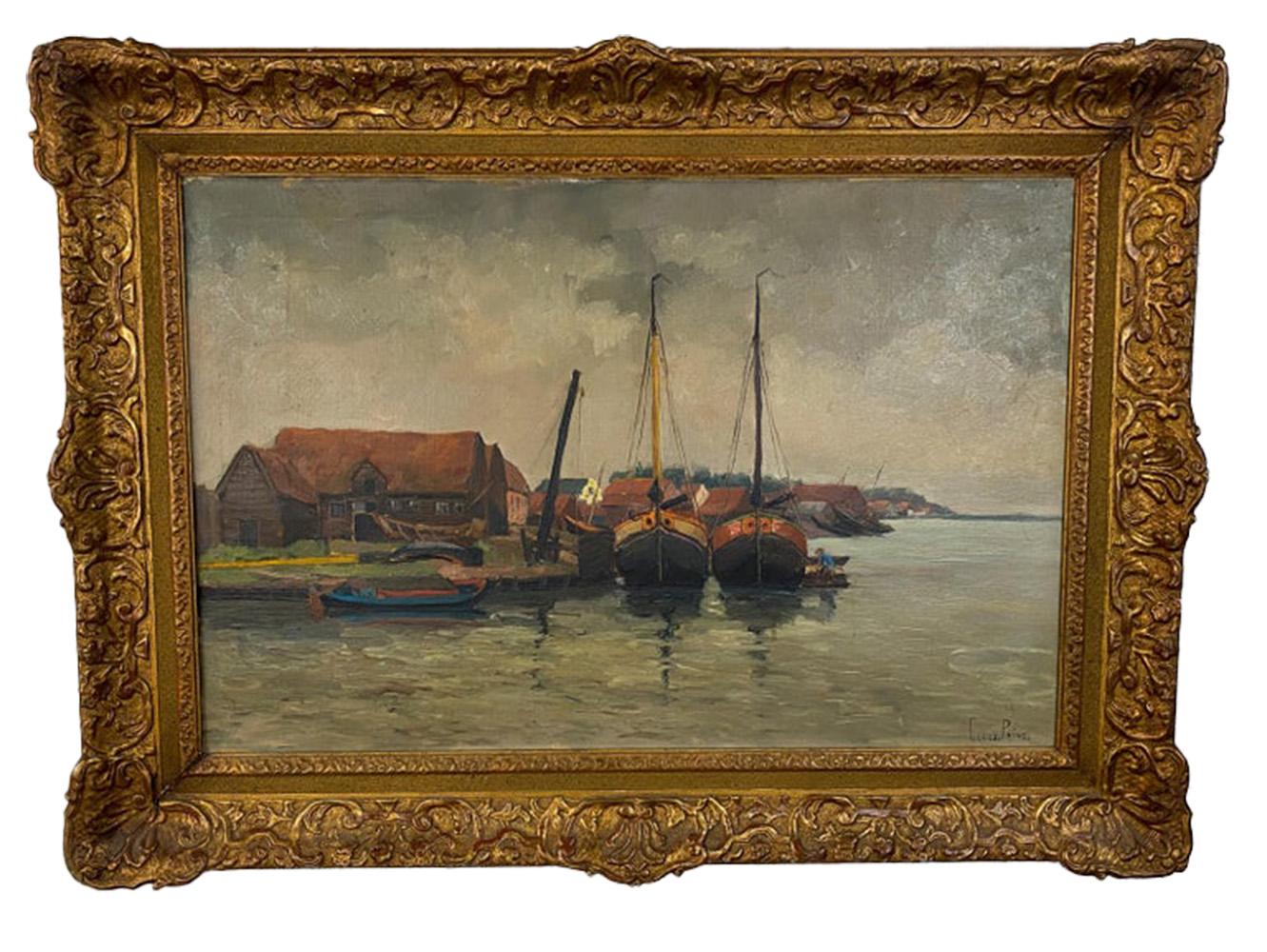 Unknown - Impressionistic Oil on Canvas Painting of Boats Docking at a ...