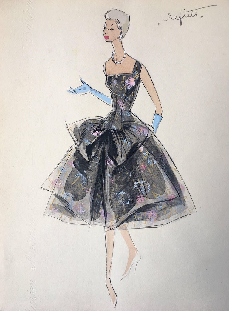 Unknown - Lady in Cocktail Dress 1950's Parisian Fashion Illustration ...