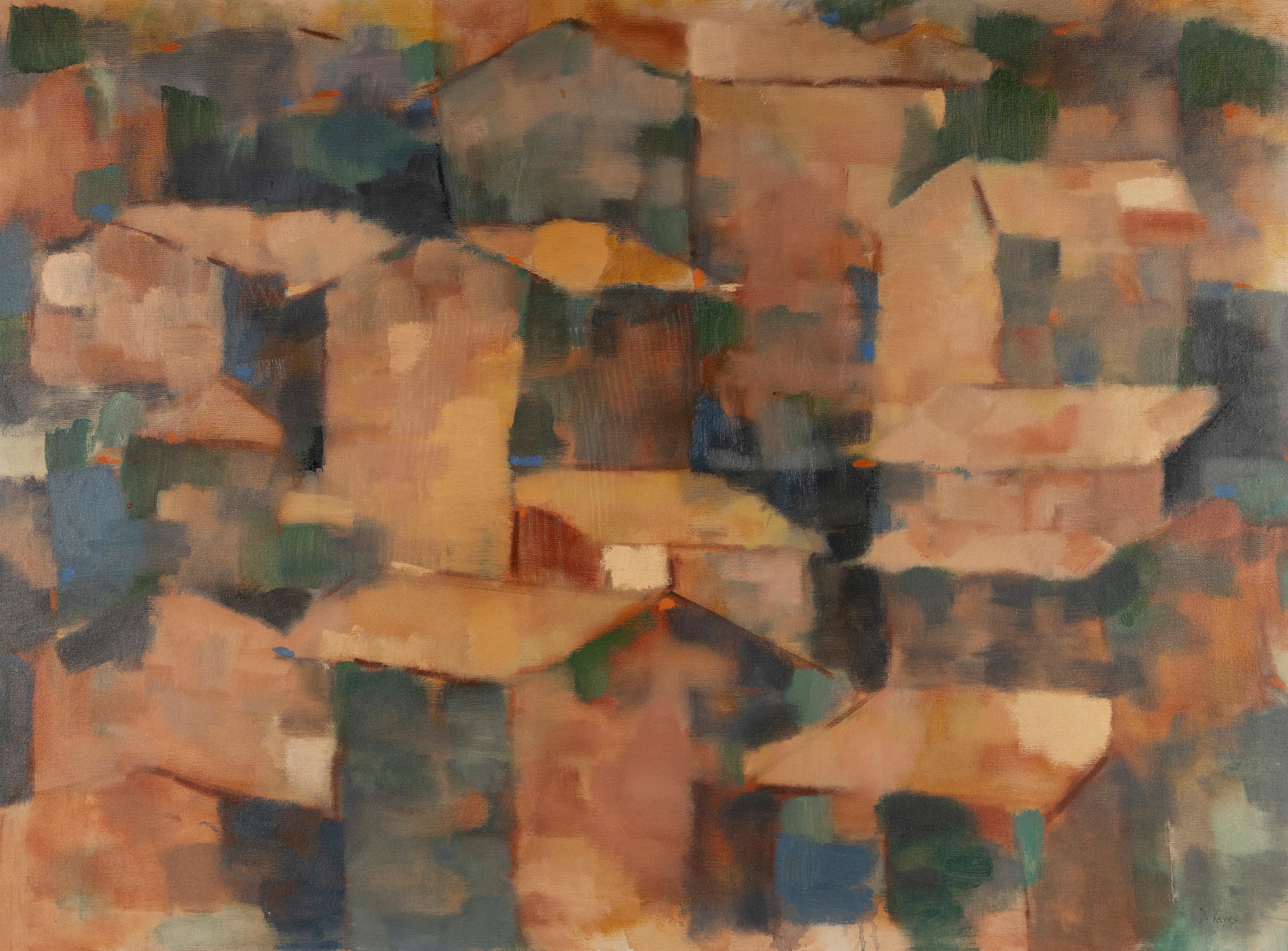 Unknown - Large Antique Abstract Houses Landscape Signed Framed ...