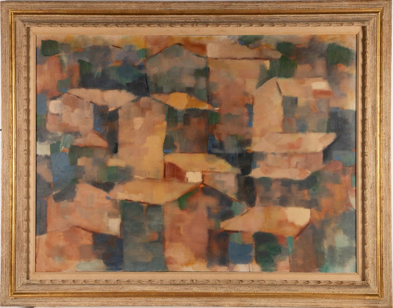 Unknown - Large Antique Abstract Houses Landscape Signed Framed ...