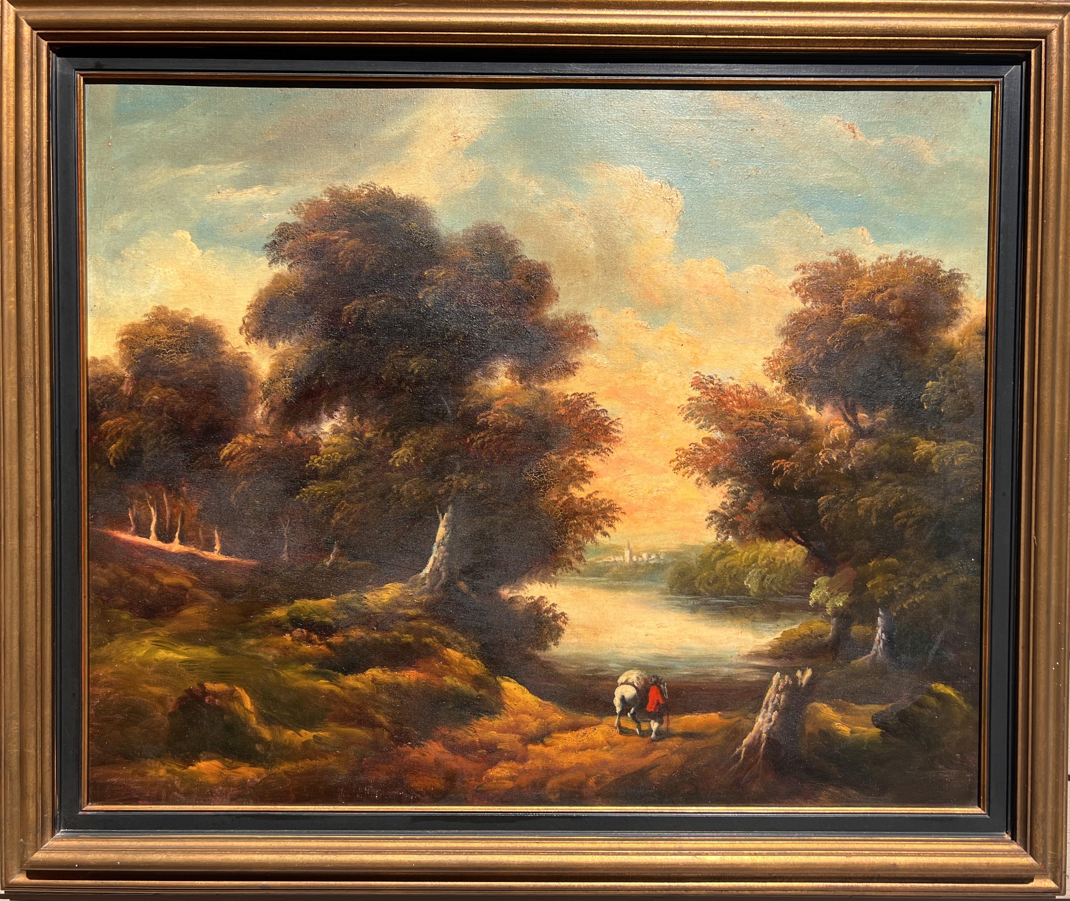 Unknown - Large Antique oil painting on canvas, Landscape, Figures ...