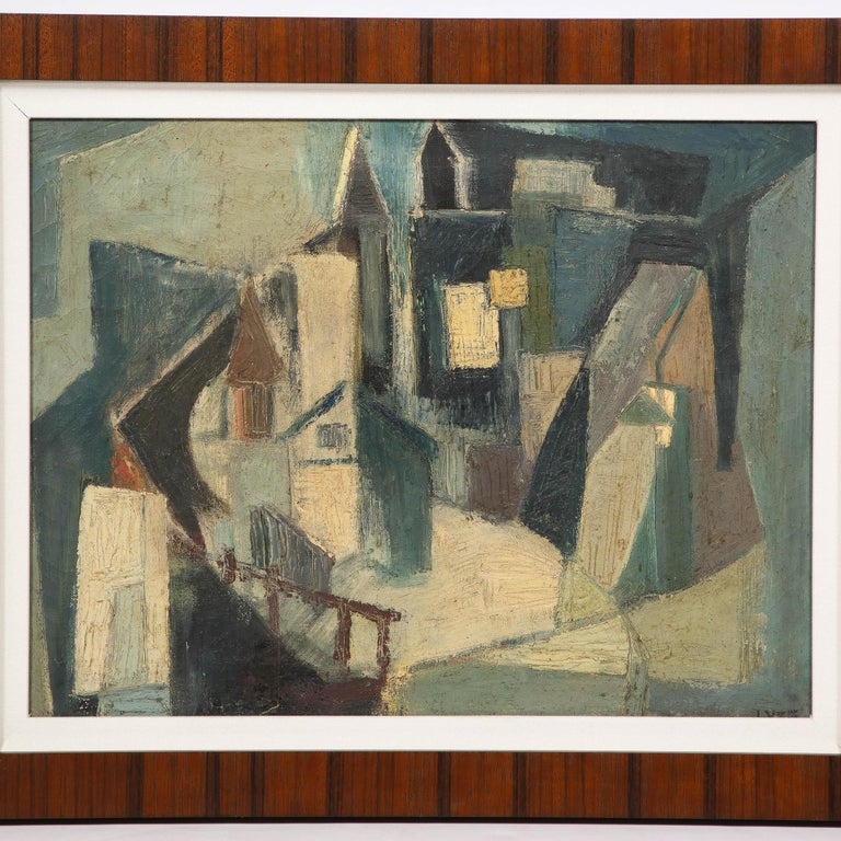 Unknown - Mid Century Cubist Abstracted Village Nightscape Oil on ...