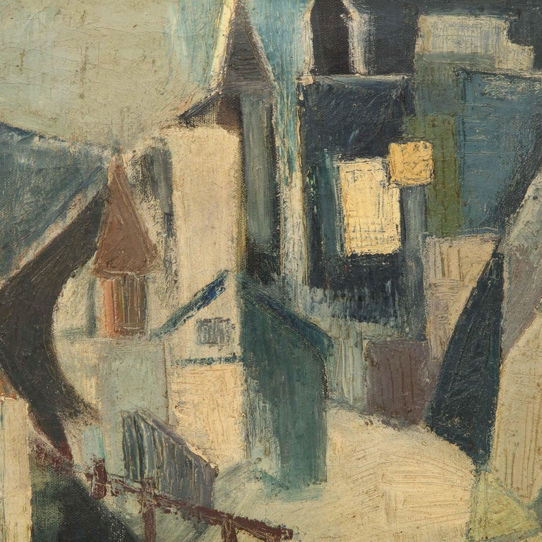 Unknown - Mid Century Cubist Abstracted Village Nightscape Oil on ...