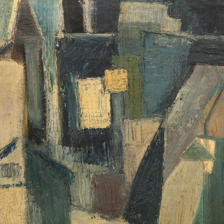 Unknown - Mid Century Cubist Abstracted Village Nightscape Oil on ...