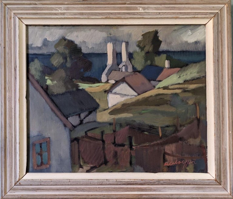 Unknown - Mid-Century Modern Swedish Landscape Oil Painting - Houses by ...