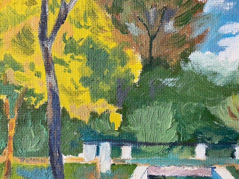 Unknown - Mid-Century Modern "The Courtyard" River Scene Landscape Oil ...