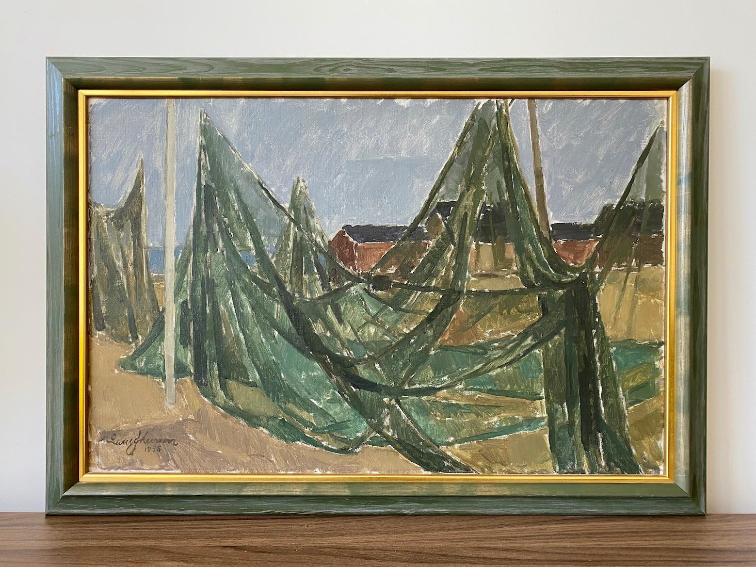 Unknown - Mid-Century Modernist "The Fishing Village" Beach Scene ...