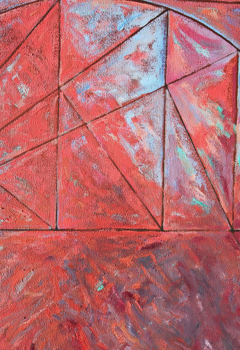 Unknown - Modern Red and Blue Geometric Abstract Painting with Linear ...