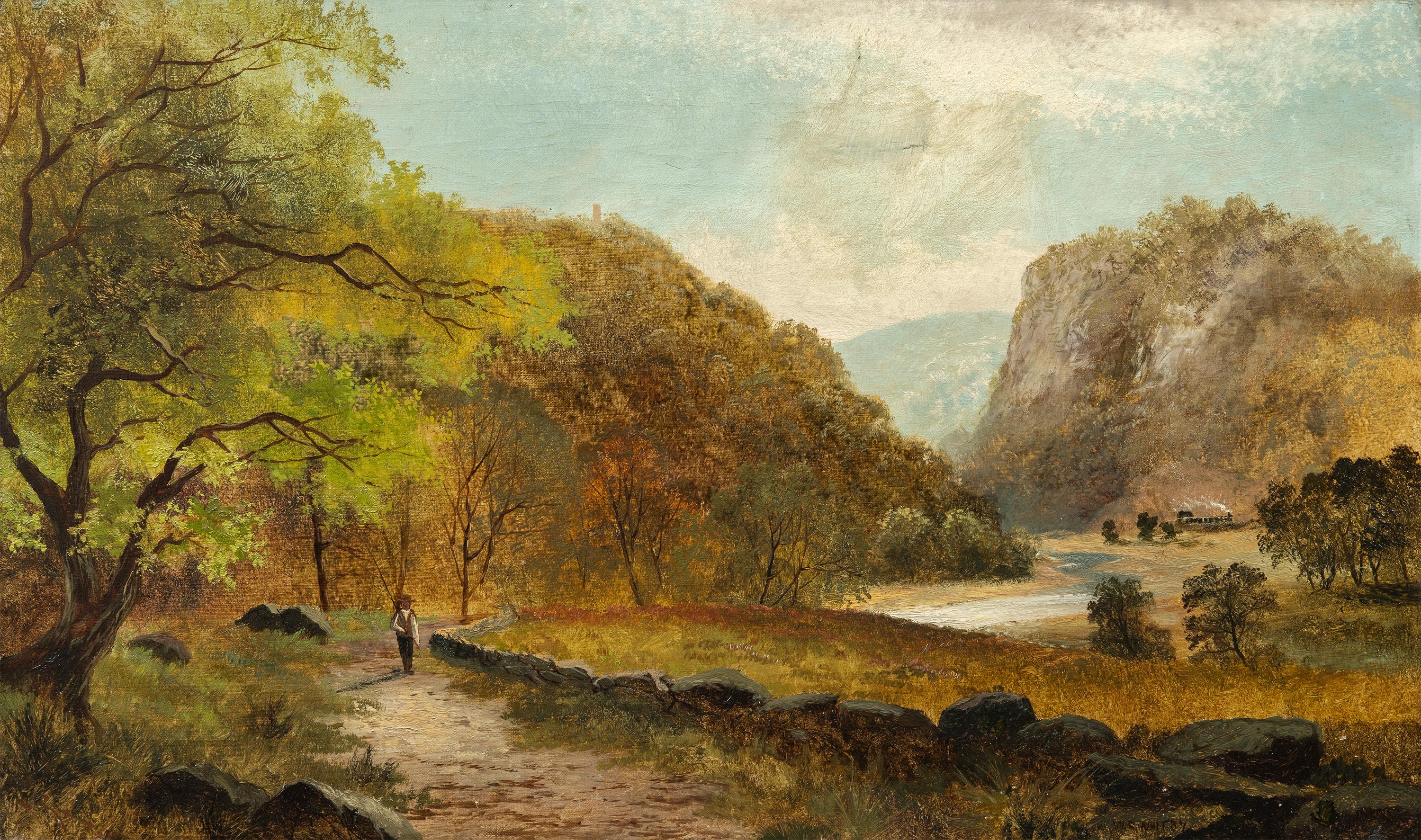 A. Berger - Antique, decorative oil painting. Romantic River Landscape ...