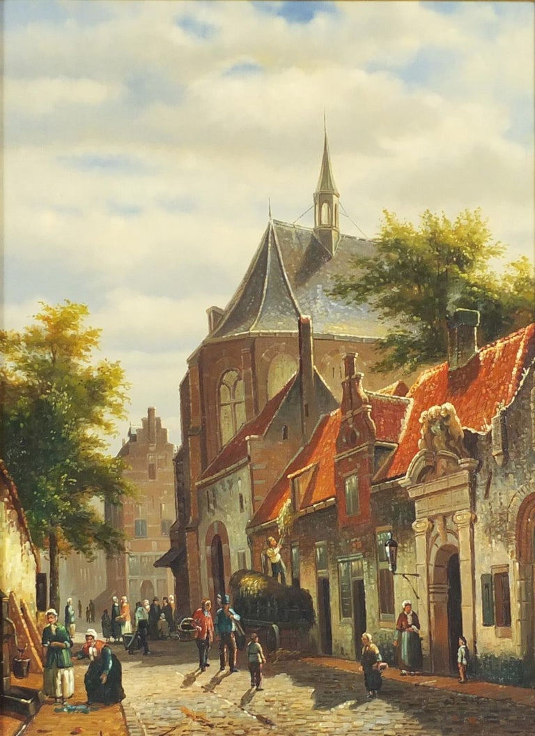 Unknown - Old Dutch Street Scene Working Figures Cobbled Streets Signed ...