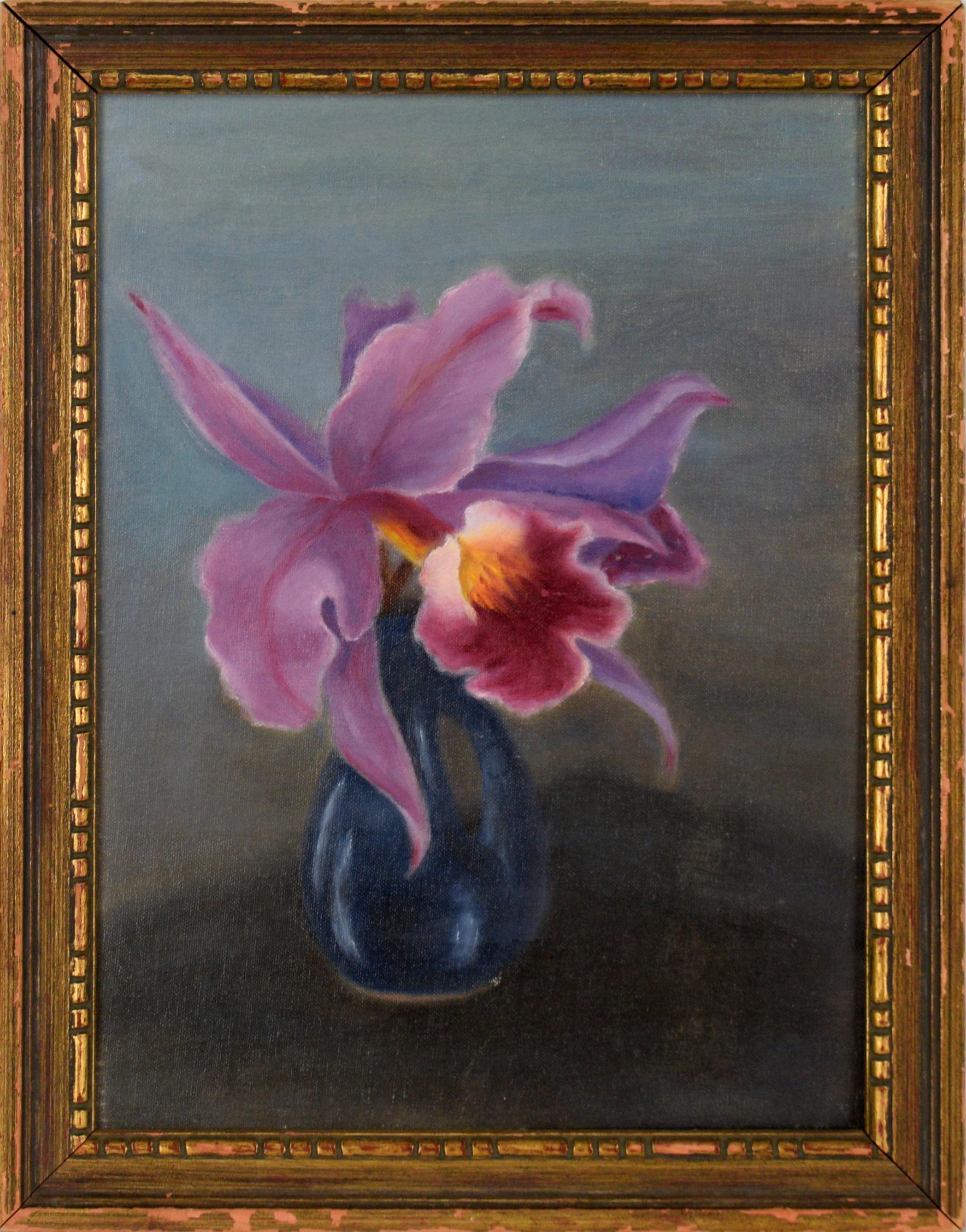 Unknown - Orchid in a Blue Vase - Oil on Artist's Board at 1stDibs