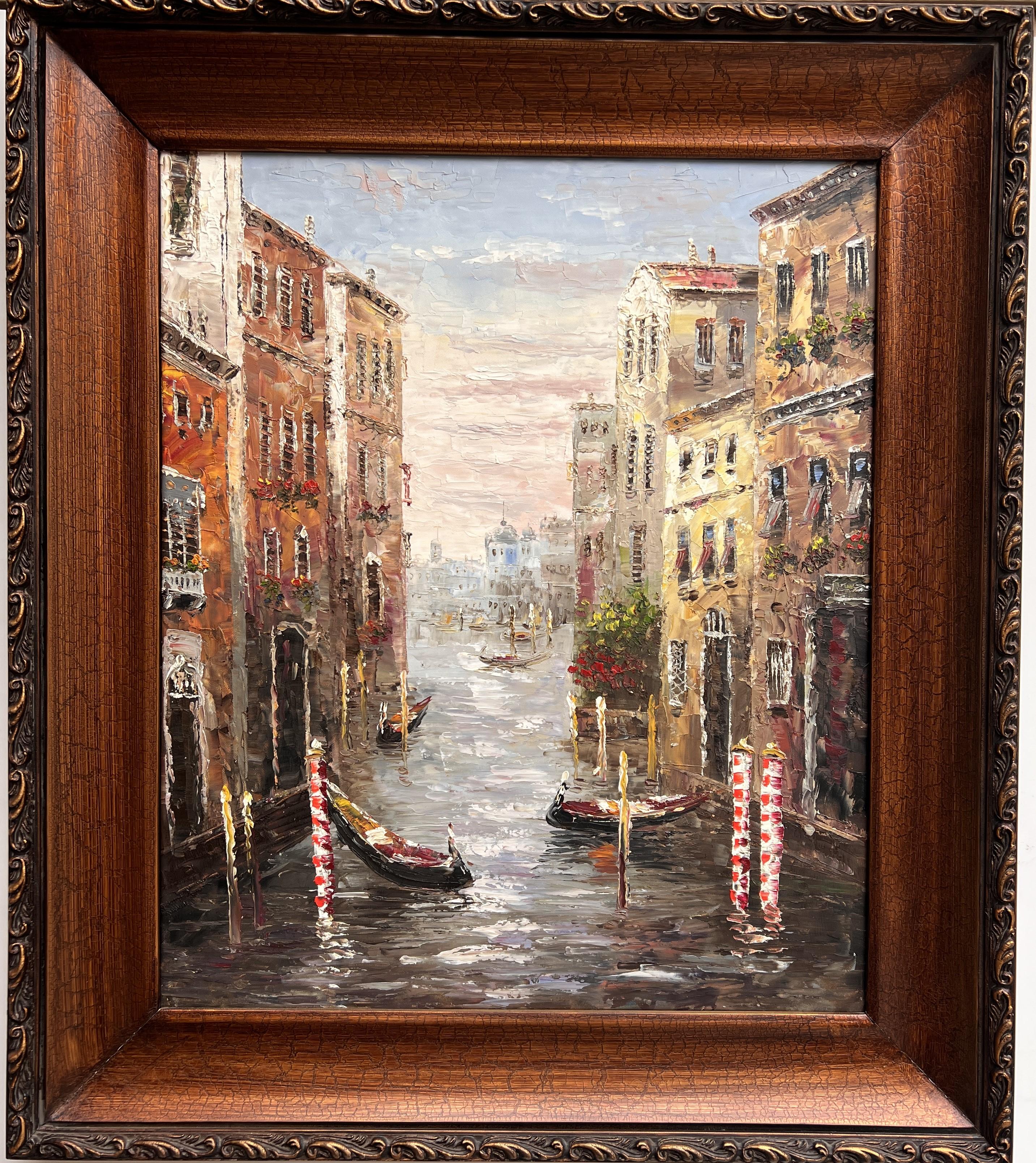 Unknown - Original Oil painting on canvas, Italy, Venice, Canal view ...