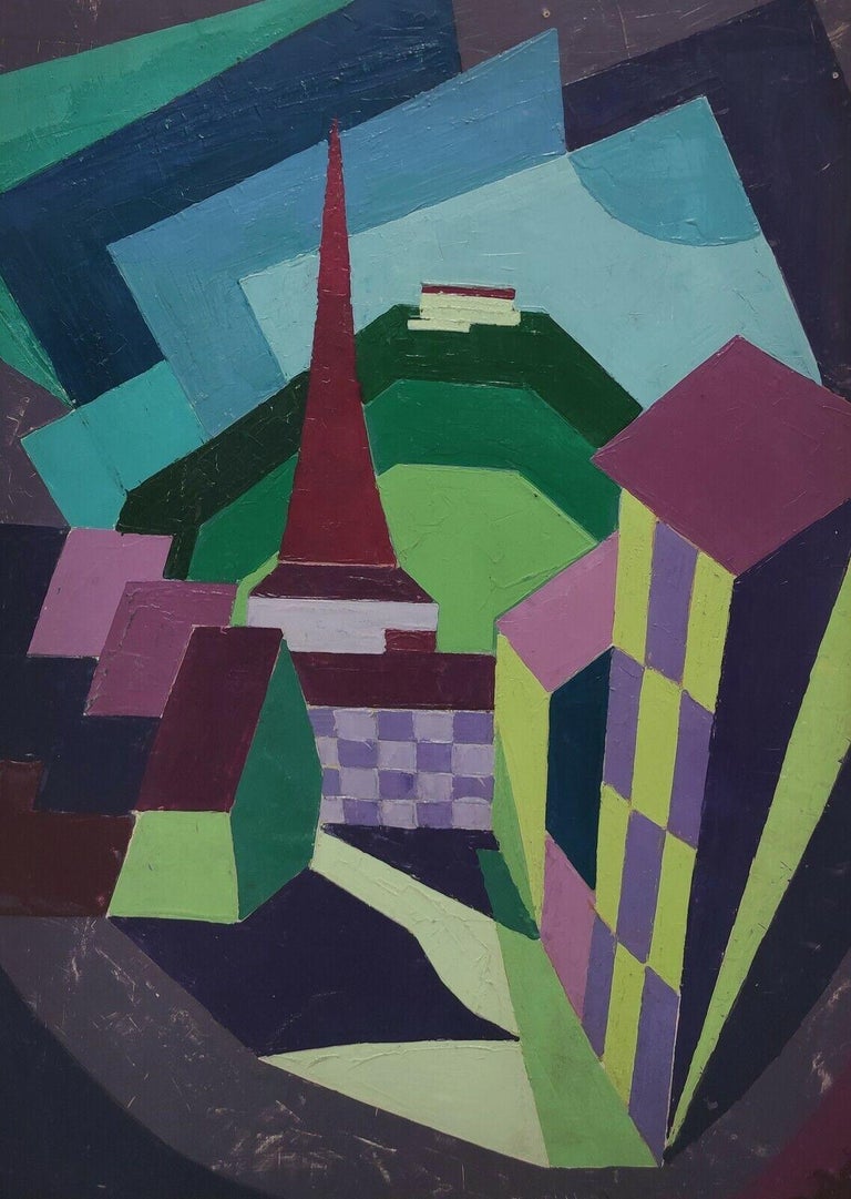 Unknown - Painting church skyscrapers houses cubism For Sale at 1stDibs