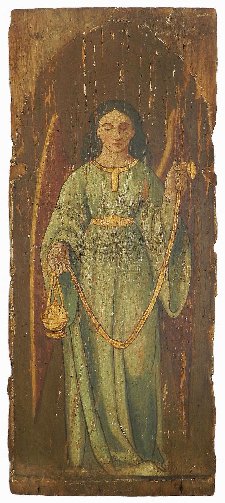 Unknown - Pair 18th Century Paintings Angels on Wood Panels Naive ...