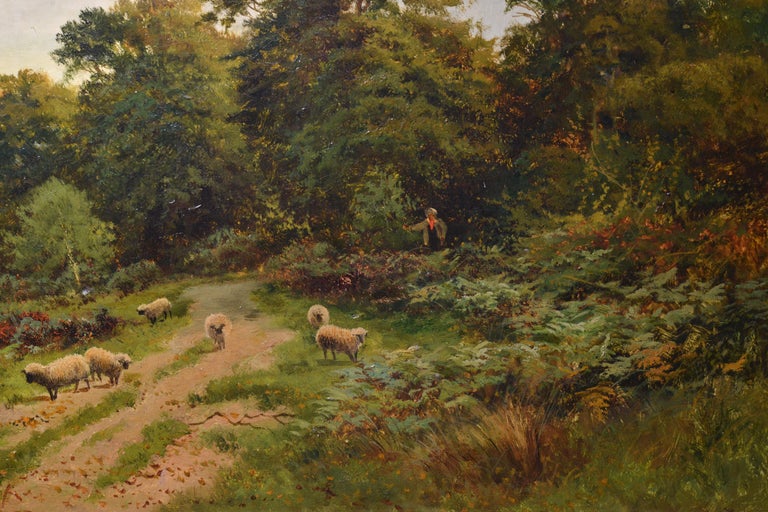 Unknown - Pastoral panoramic landscape Shepherd with sheep Large oil ...