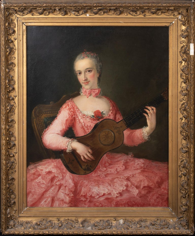 Unknown - Portrait Of A Lady In A Pink Dress Holding A Guitar, 18th ...