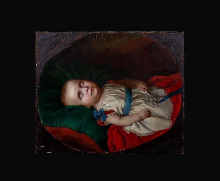 Unknown - Portrait Of A Sleeping Child Holding An Antique Silver Rattle ...