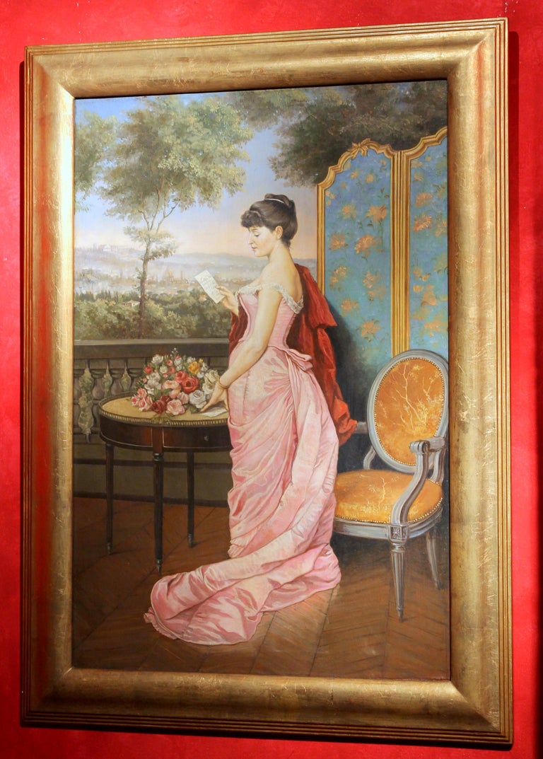 Unknown - Portrait of an Italian Lady with Florence Landscape Oil on ...