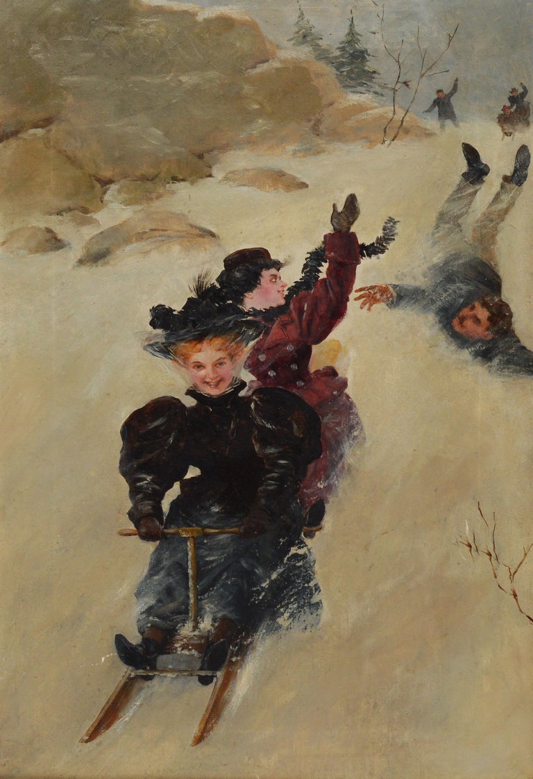 Unknown - Pushing the Sled, American School Winter Impressionist Oil ...