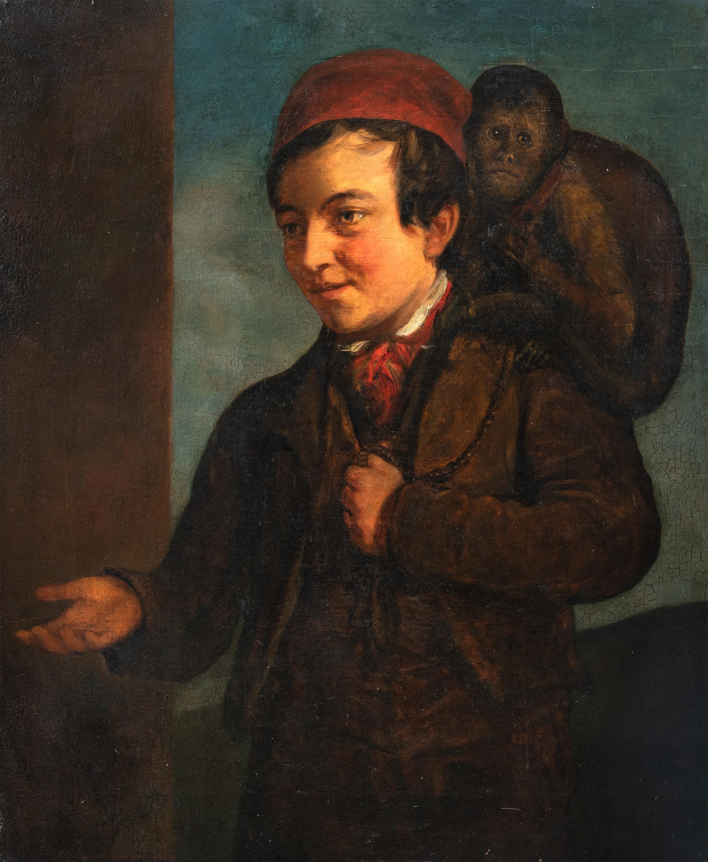 Unknown - Realist painter (Italian school) - 19h century figure painting - Child with Ape For ...