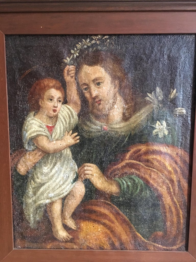 Unknown - Saint Joseph, Religious Triptych Antique Oil Painting at 1stDibs