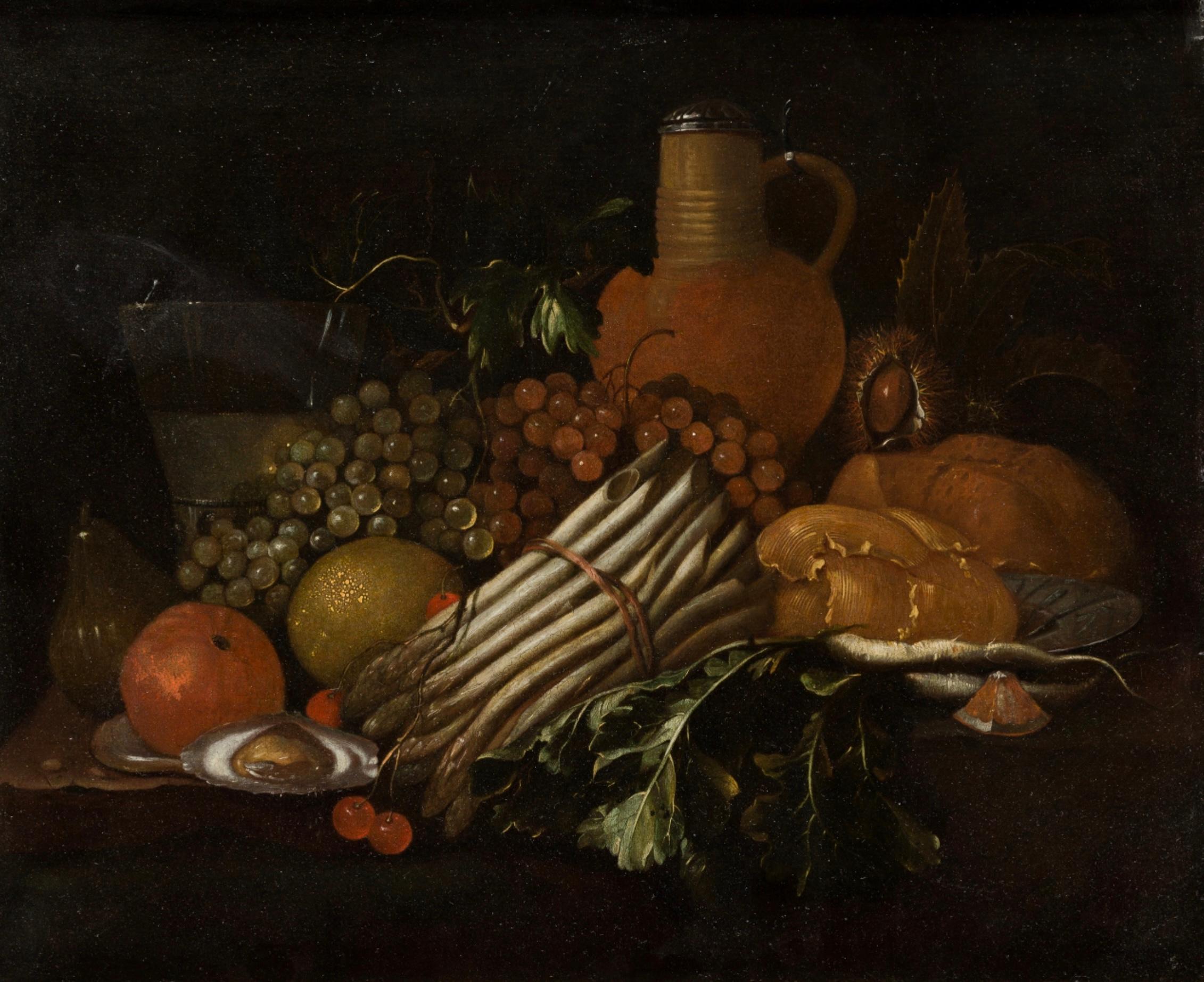 Unknown - Spanish 18th C. Oil on Canvas"Still Life with Walnuts, Melon ...